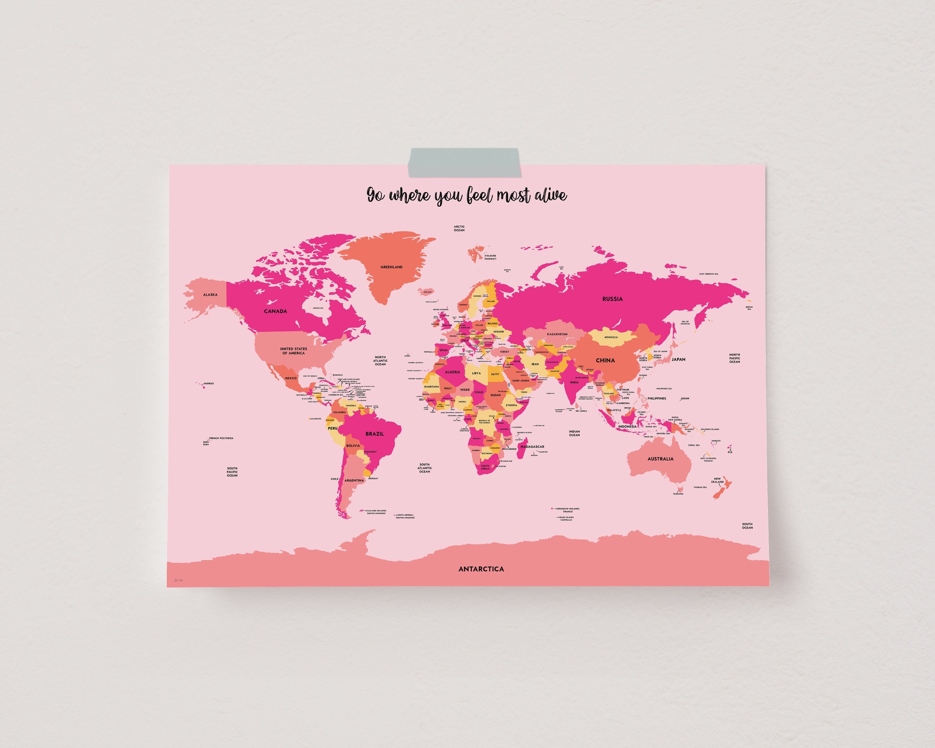 Pink World Map Poster, World Map Wall Art, World Map Print, Modern ...