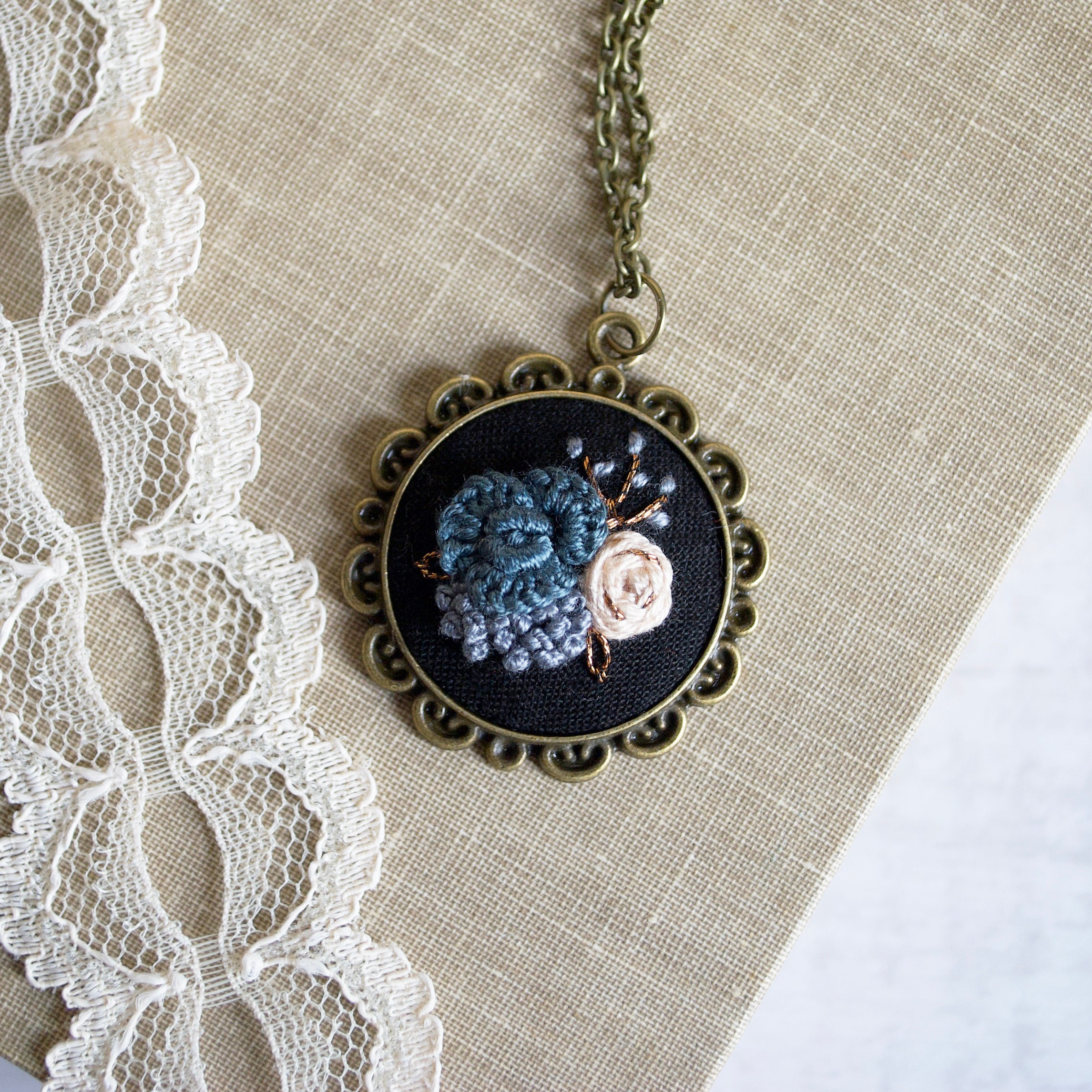 Hand Embroidered Cottagecore Necklace, Dark Blue Floral Necklace - Etsy