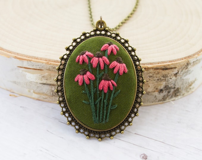 Olive Green Embroidered Purple Coneflower Necklace, Wildflower Cottage ...