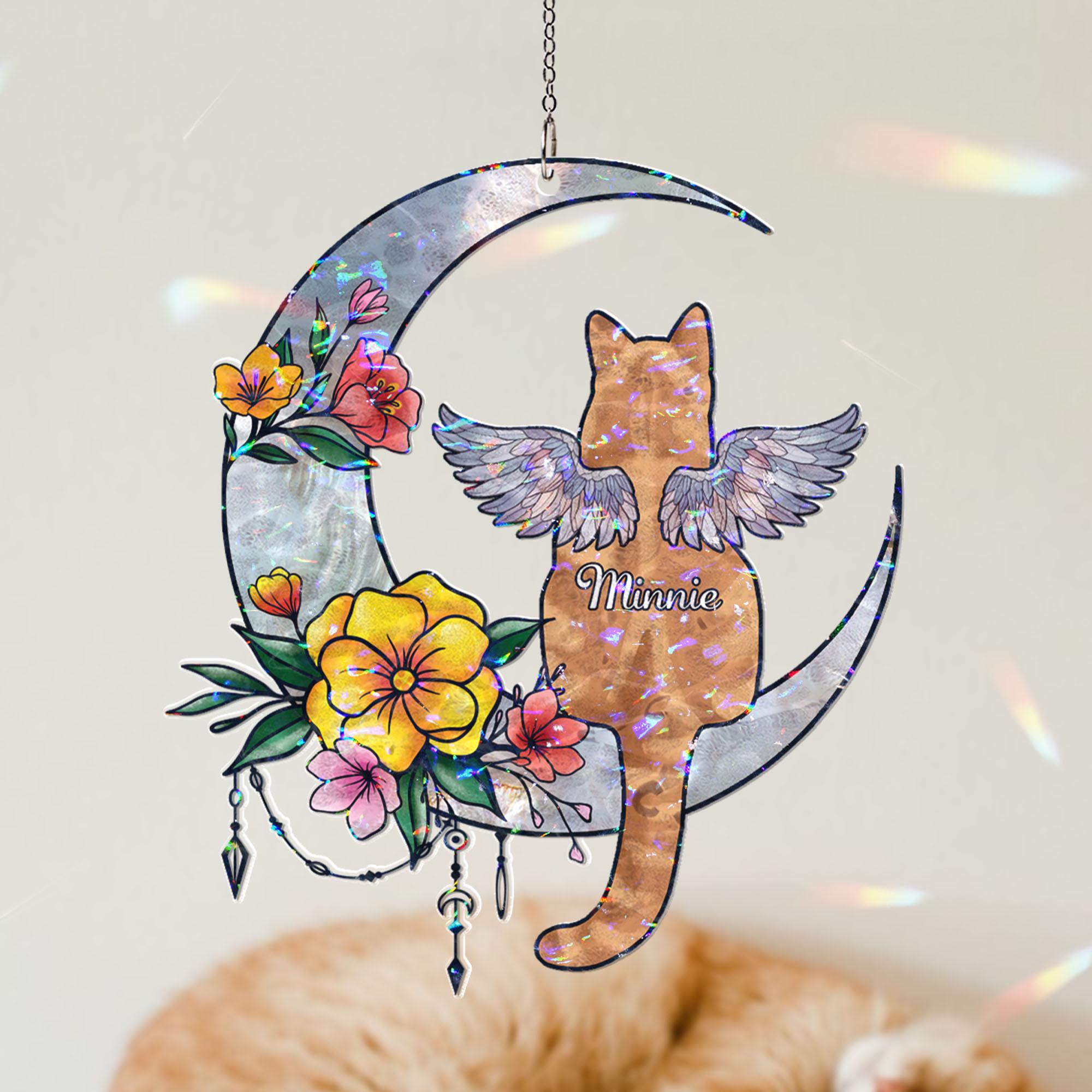 Custom Angel Cat on Crescent Moon Wavy Acrylic Hologram Ornament Window ...