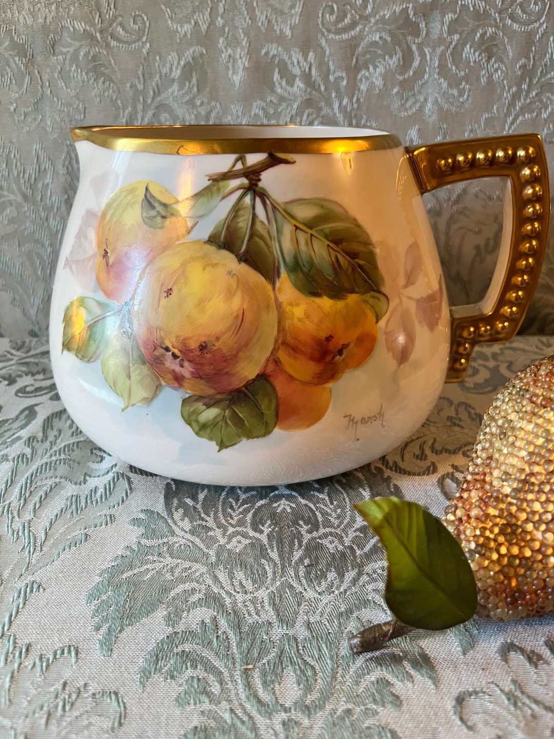 Vintage "american" Hand-painted Porcelain Cider Pitcher With Golden ...