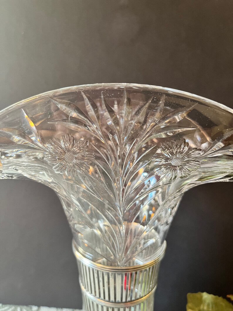 Vintage watson & Co. Floral Wheel Cut Glass Vase in Pierced Sterling ...