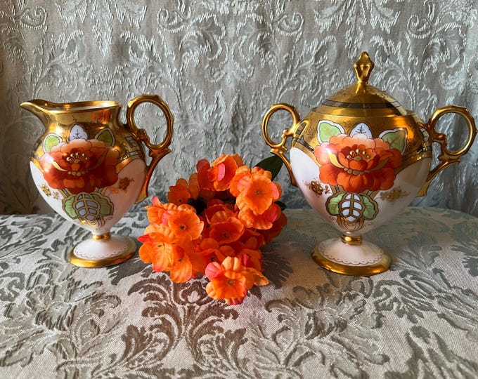 Vintage "pickard" Hand-painted Porcelain Sugar Bowl & Creamer Set With ...