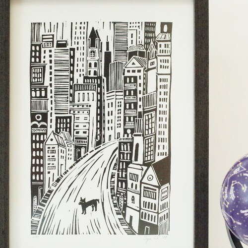 Lost in the City Original Linocut Linoprint Printmaking - Etsy