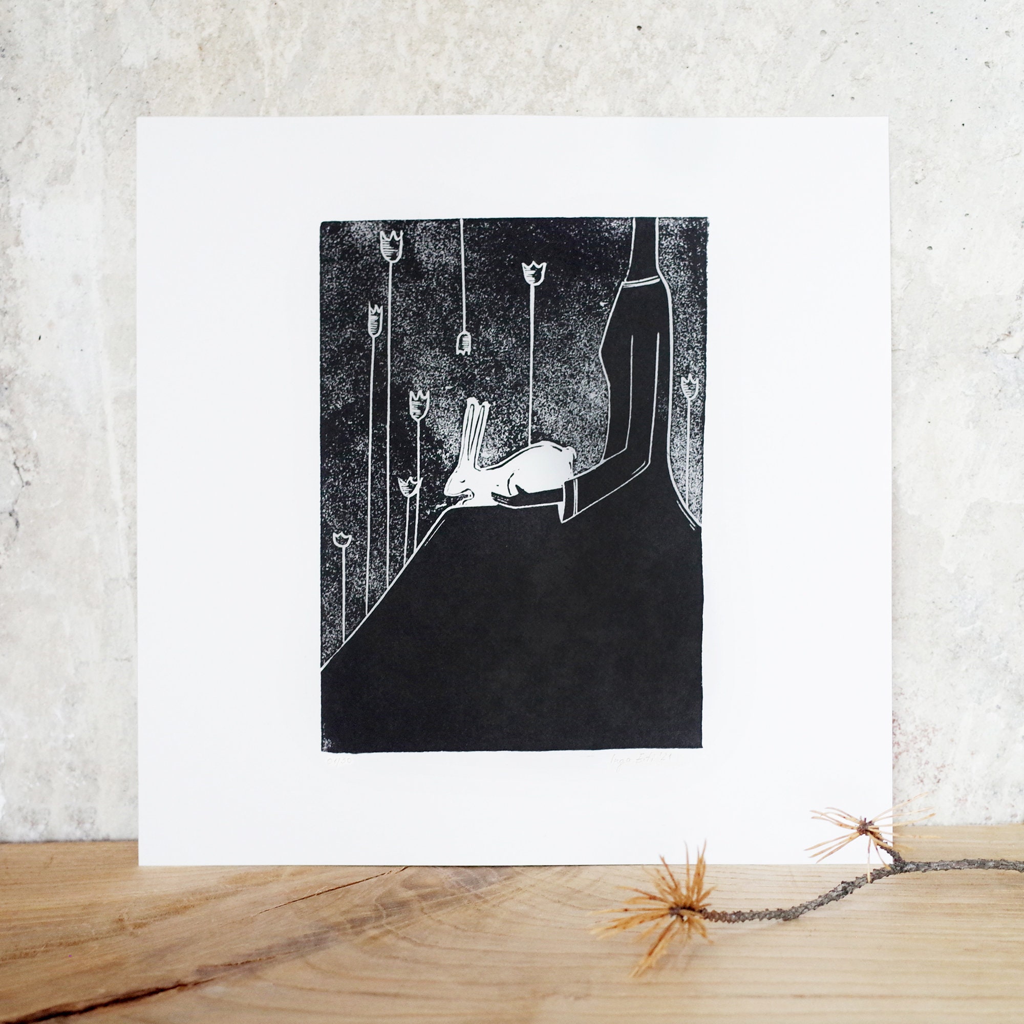 Lady With Rabbit Linocut Print Woodland Animal Lovers Print - Etsy
