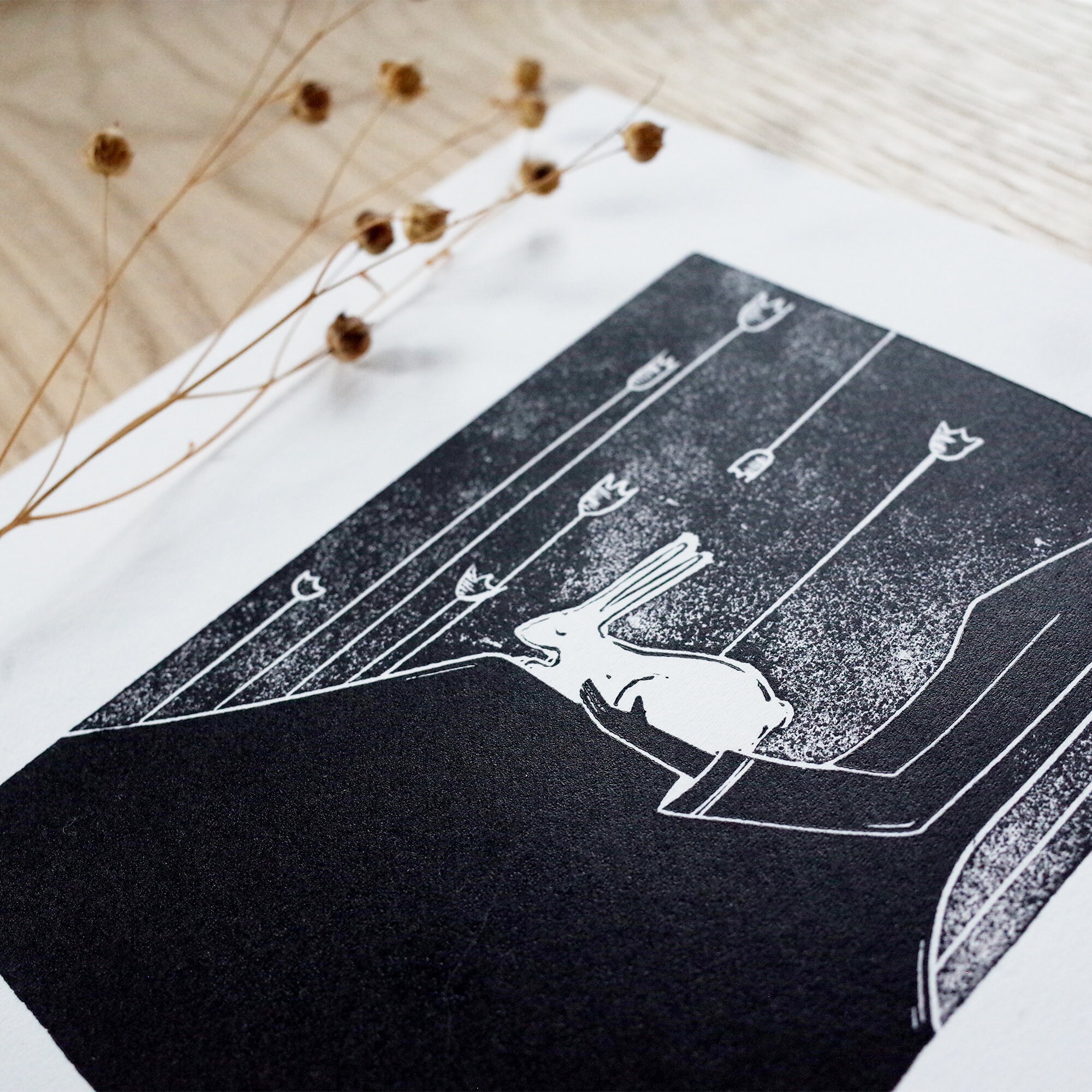 Lady With Rabbit Linocut Print - Woodland Animal Lovers Print, Nature ...