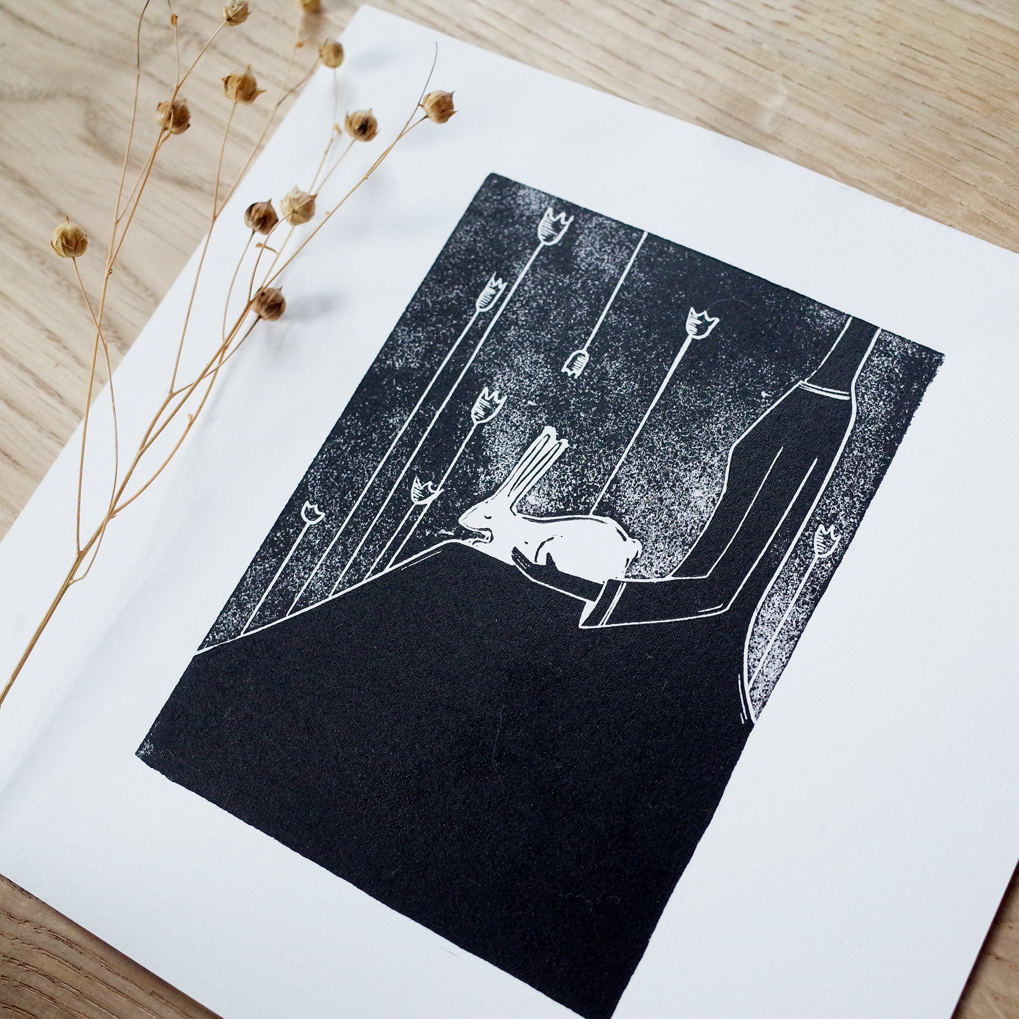 Lady With Rabbit Linocut Print Woodland Animal Lovers Print - Etsy
