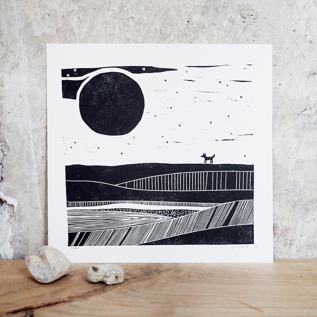 Little Dog Original Linocut Print Dog at Night Artwork, Full Moon ...