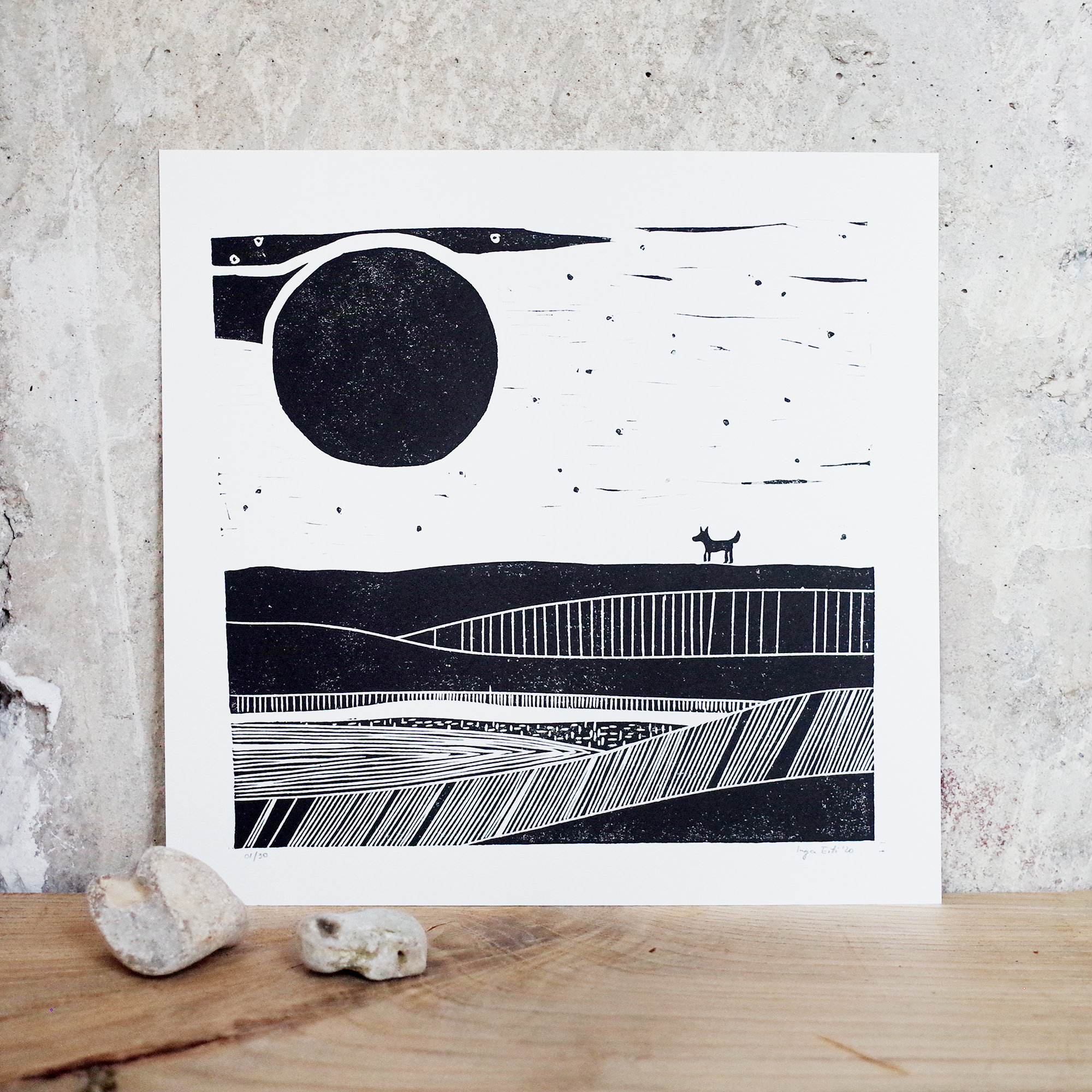 Little Dog Original Linocut Print Dog at Night Artwork Full - Etsy