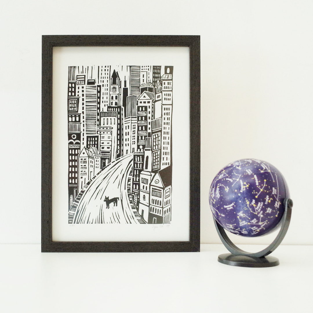 Lost in the City - Original Linocut, Linoprint, Printmaking, Black and ...