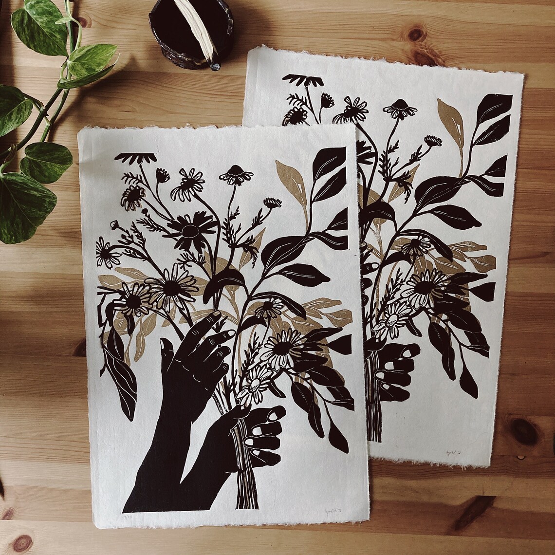 Flowers in Your Hands Original Relief Linocut Print Boho - Etsy
