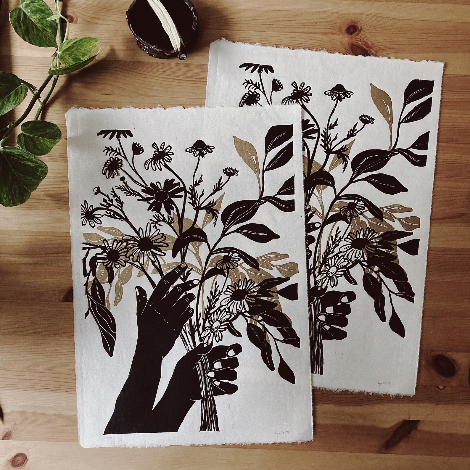 Flowers in Your Hands Original Relief Linocut Print Boho - Etsy