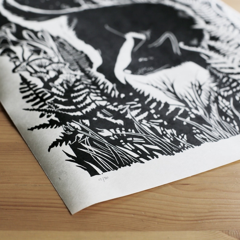 Dog in A Wild Nature at Night Original Linocut Print, Printmaking, Limited Edition Linoprint ...