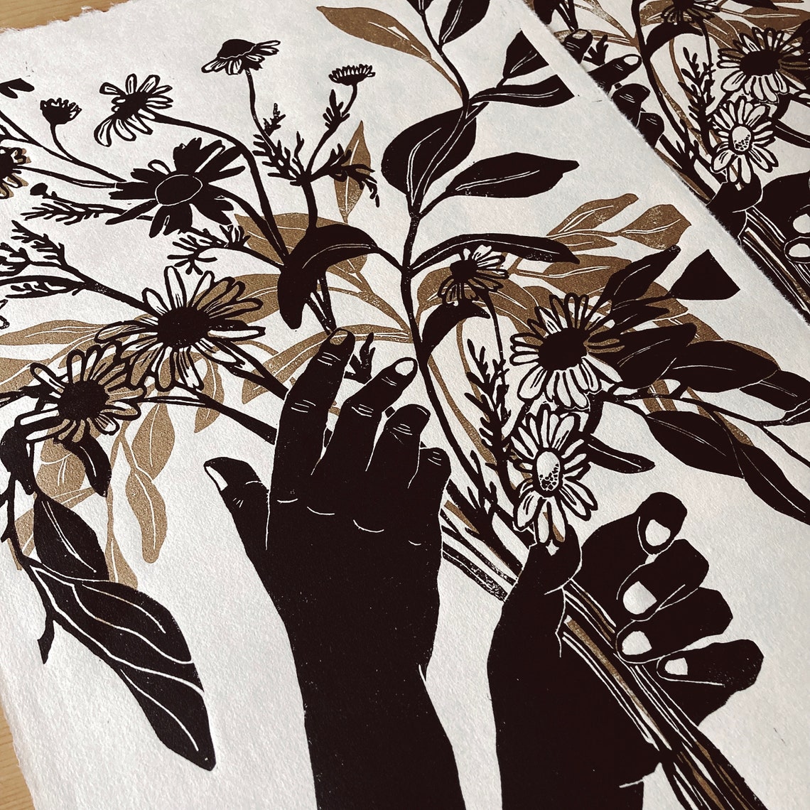 Flowers in Your Hands Original Relief Linocut Print Boho Wall Decor for ...