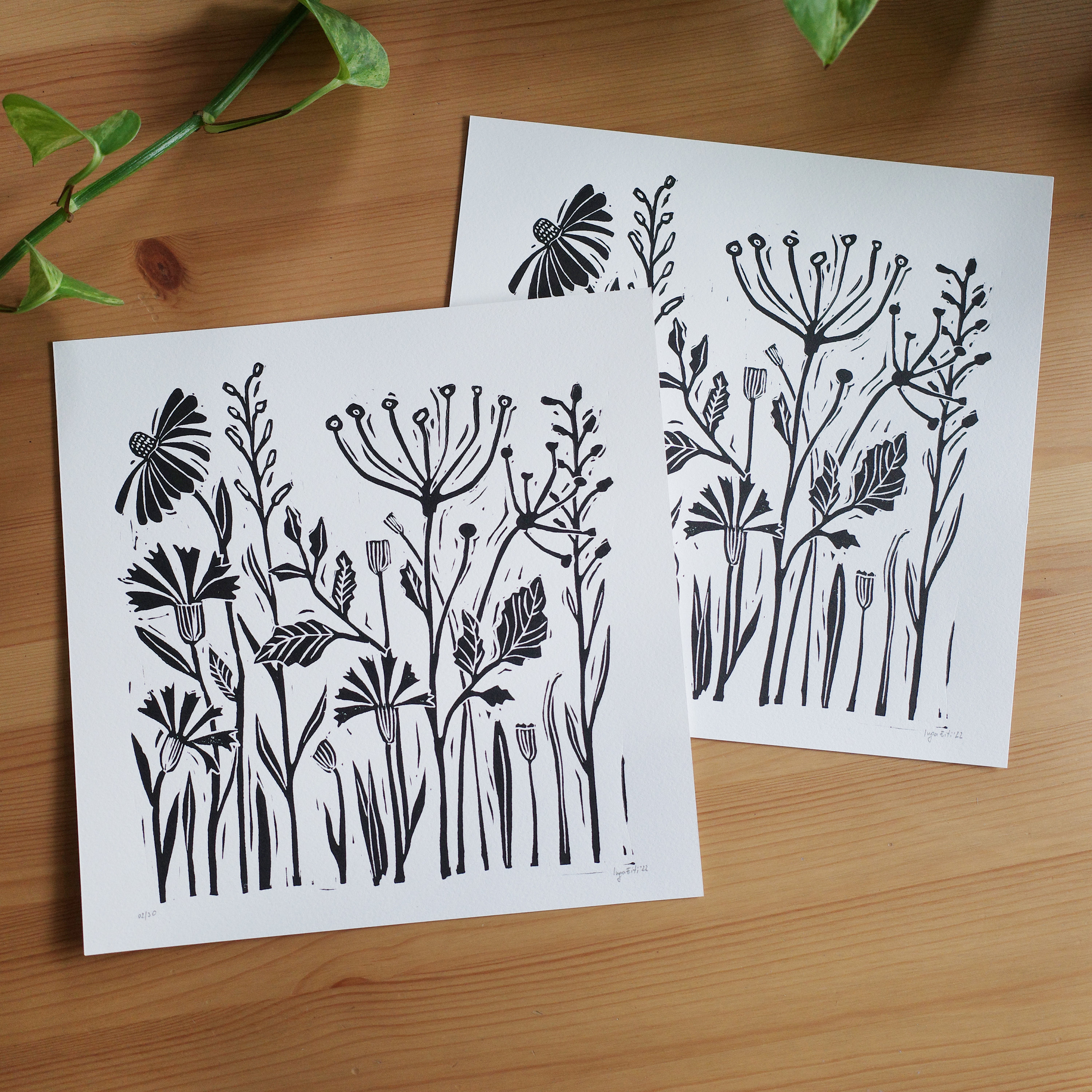Wild Flowers Linocut Print - Linoprint, Printmaking, Green, Blue ...