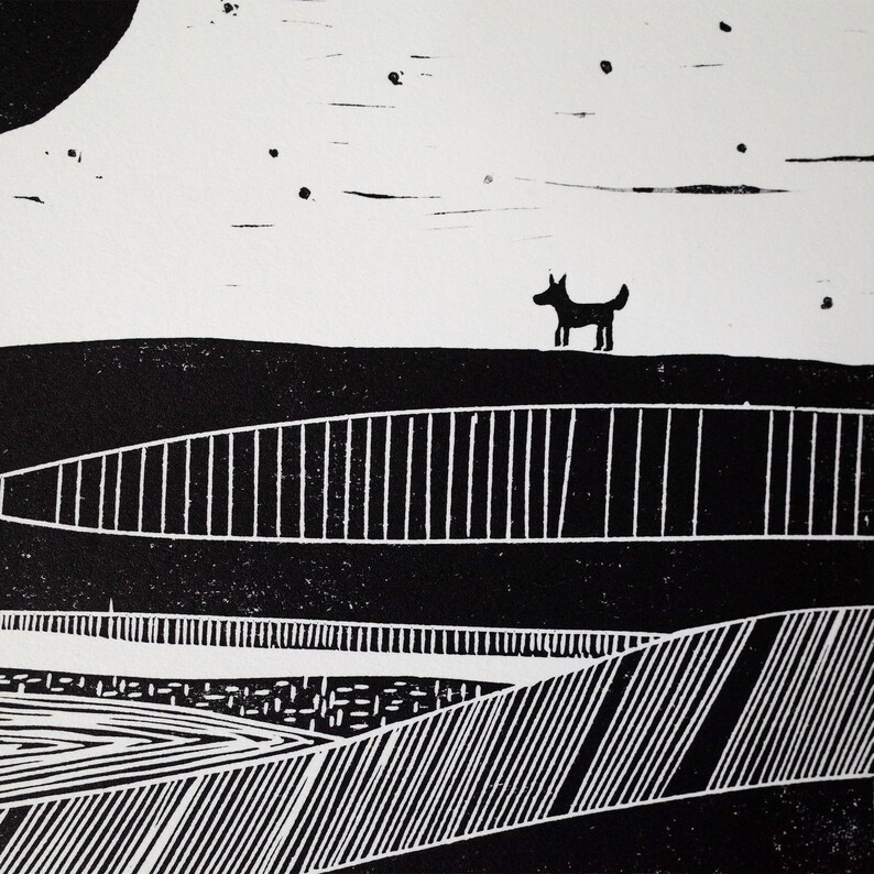 Little Dog Original Linocut Print Dog at Night Artwork Full - Etsy