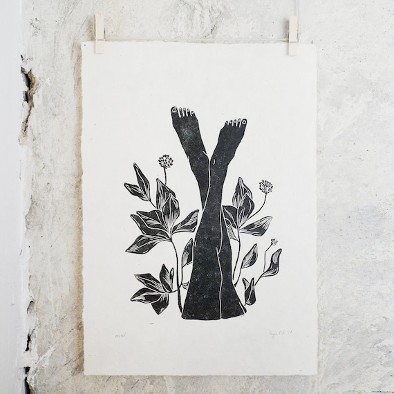Woman's Legs Original Linocut Print in A Wild Meadow Among - Etsy
