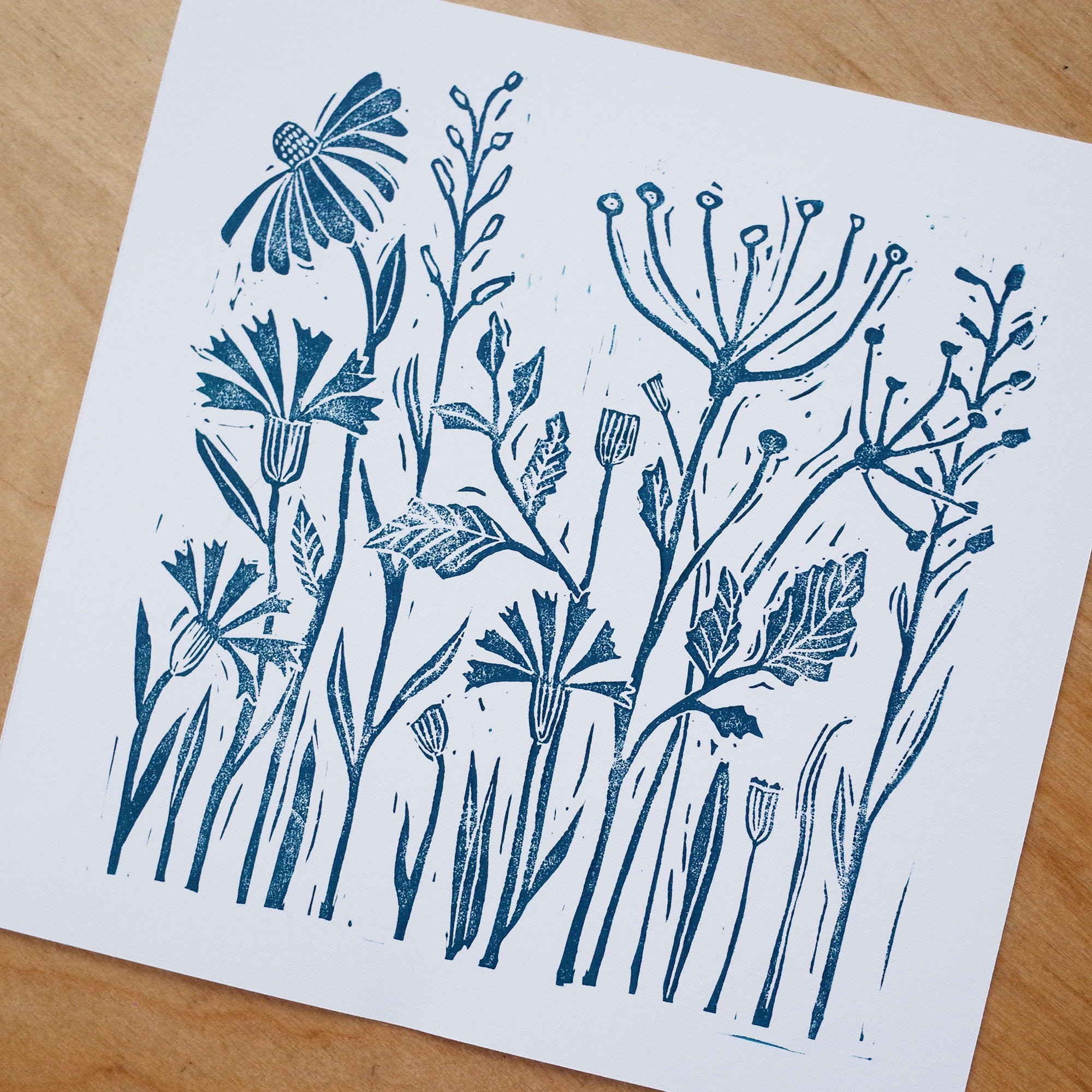 Wild flowers linocut print linoprint printmaking green | Etsy