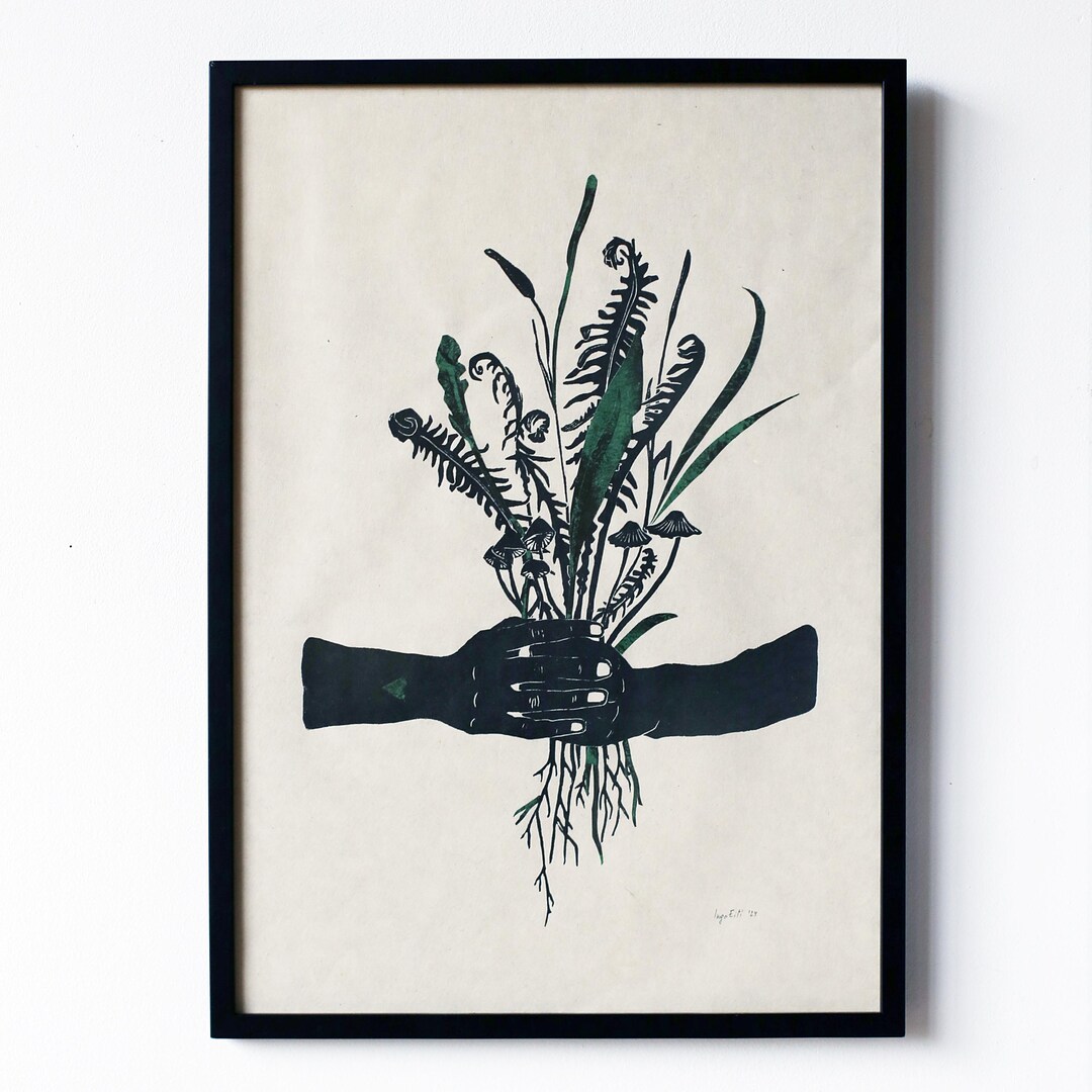 Mushroom Linocut Print & Plant Collage - Fungi and Fern Art, Original ...