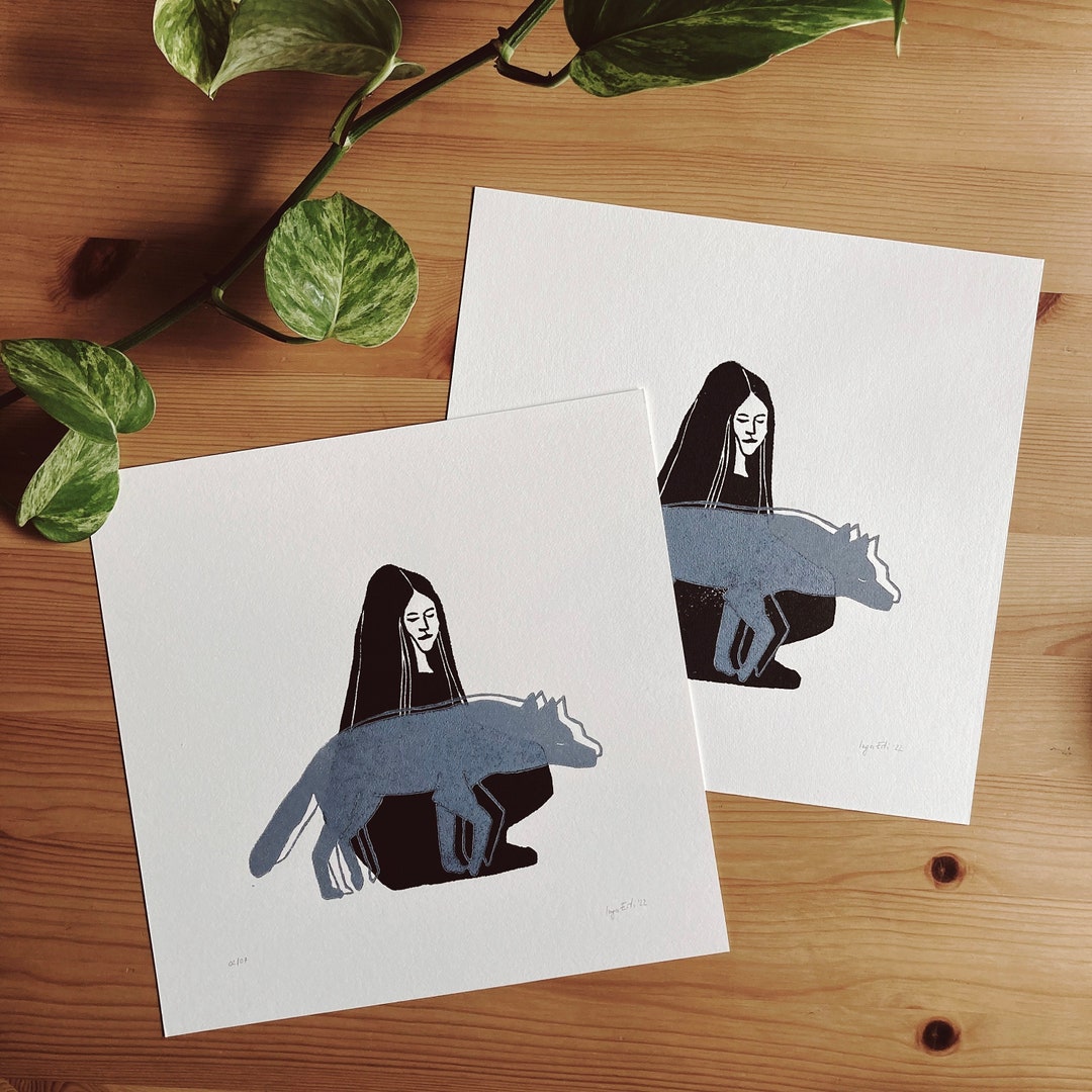 Wolf Art Original Linocut Print Wolf Wall Art Hand Printed - Etsy