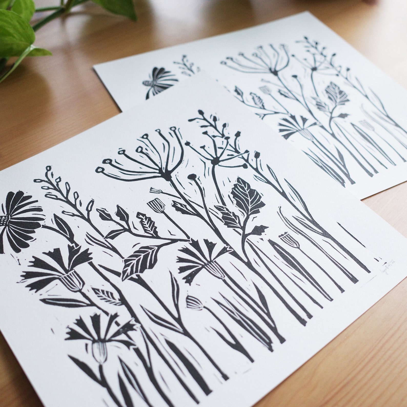 Wild Flowers Linocut Print - Linoprint, Printmaking, Green, Blue ...
