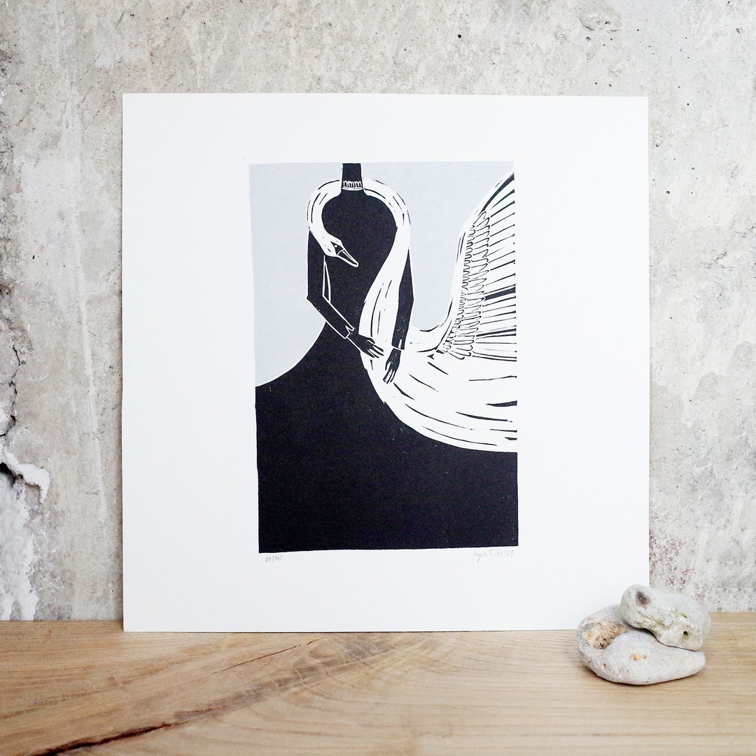 Lady With A Swan Linocut Print Nature Lovers Gift, Hug and Love ...