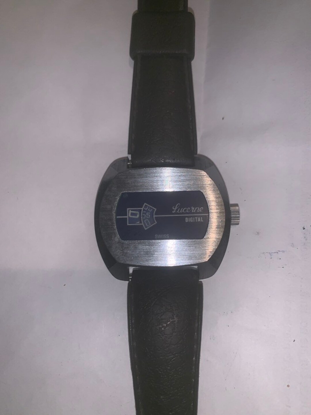 1970s Lucerne Blue Face Silver Direct Read Jump Hour Windup Watch ...