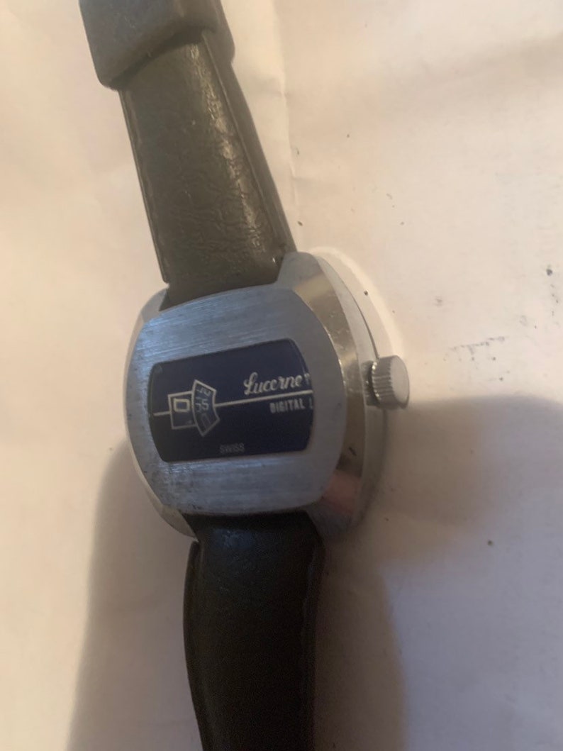 1970s Lucerne Blue Face Silver Direct Read Jump Hour Windup Watch ...