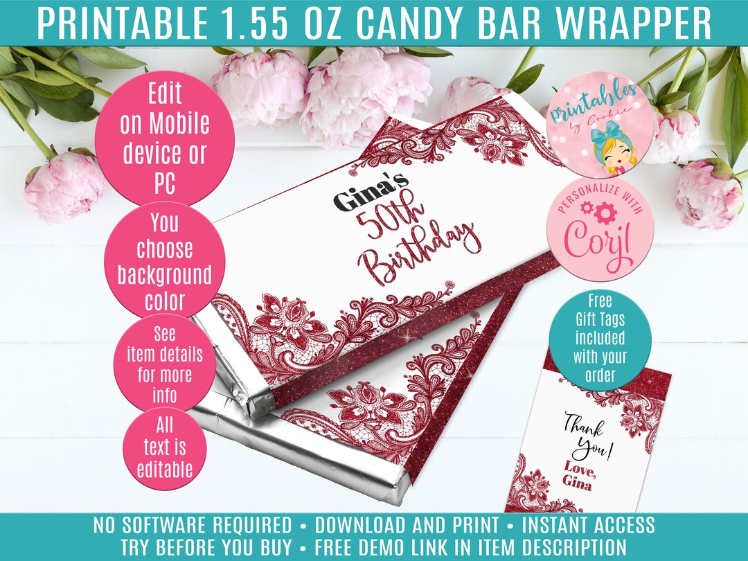 Red Lace Chocolate Bar Label Candy Bar Wrapper Instant Download Crimson ...