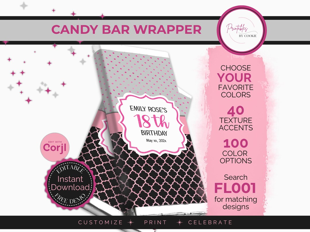 Printable Candy Bar Wrapper | 100 Colors | Instant Download Party Favor ...