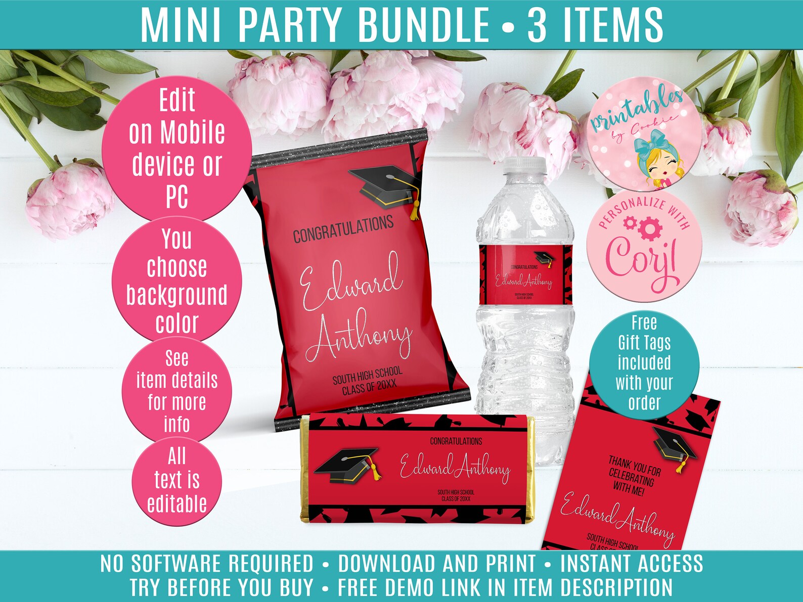 Mini Bundle Graduation Chocolate Bar Wrapper Digital Water Bottle Label ...