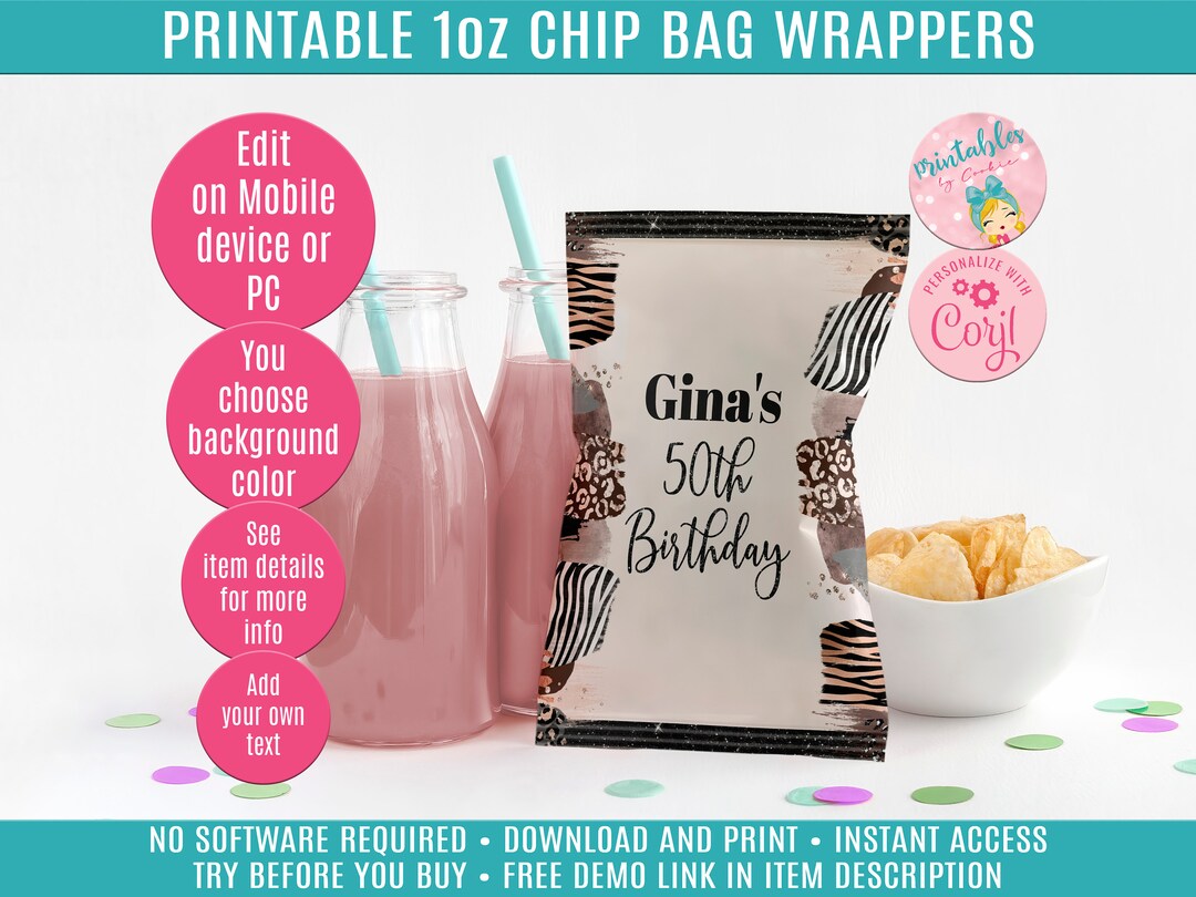 Leopard Chip Bag Wrapper Digital Snack Label Instant Download Party ...