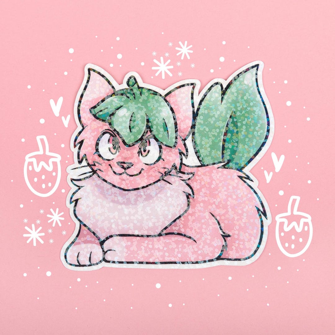 Strawberry Cat Sticker, Water Resistant Vinyl Sticker, Laminated ...
