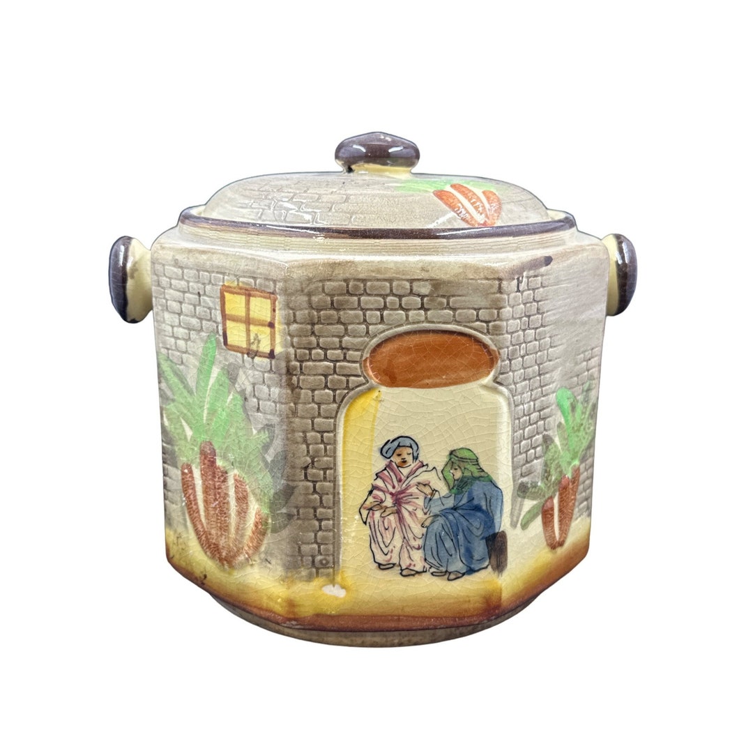 VTG Hand Painted Japanese Pottery Octagon Tea Canister Jar Container ...