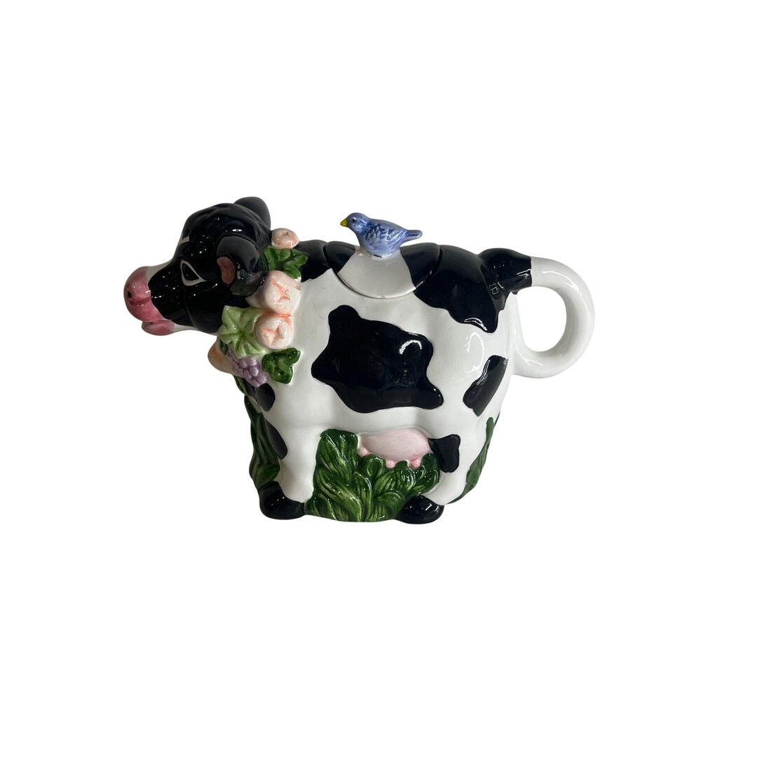 Vintage 1993 Wang's Ceramic Cow Teapot Black White Holstein Blue Bird ...