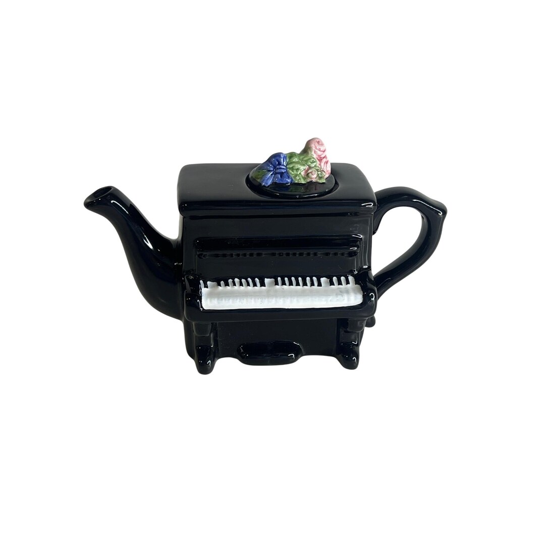 Vintage Black Ceramic Piano Teapot With Floral Lid Home Decor ...