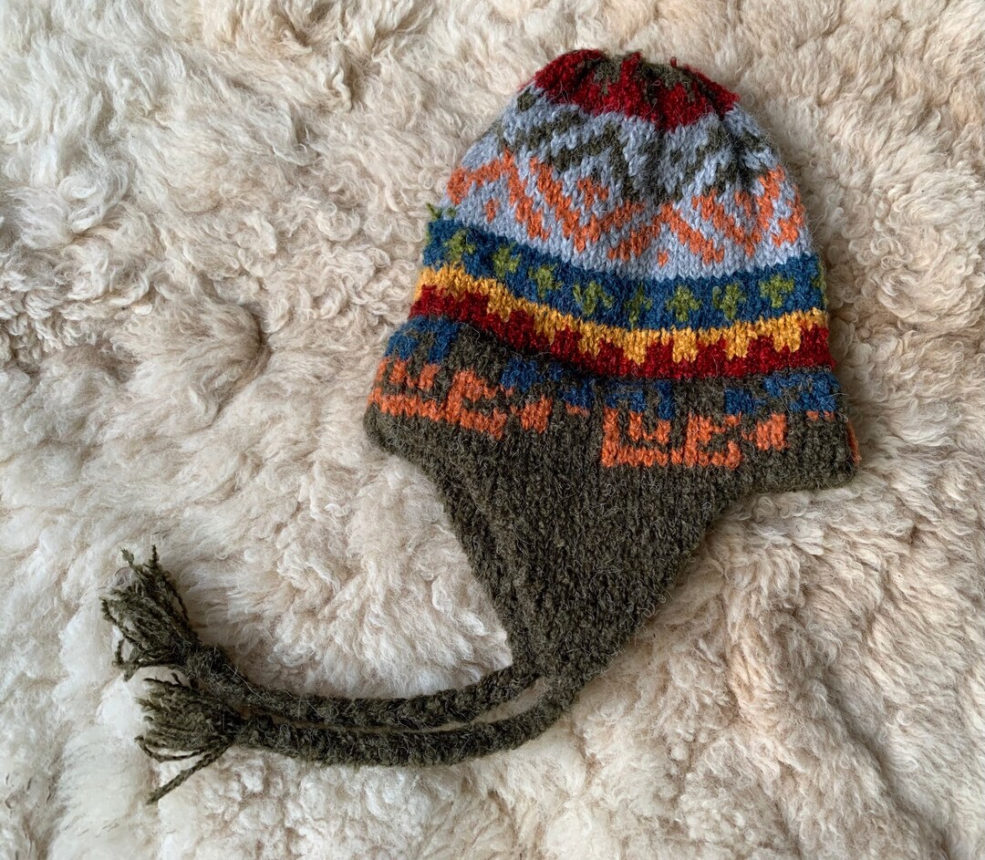 Alpaca Wool Chullo Hat, Green Alpaca Chullo Beanie Hat, Peruvian Style ...