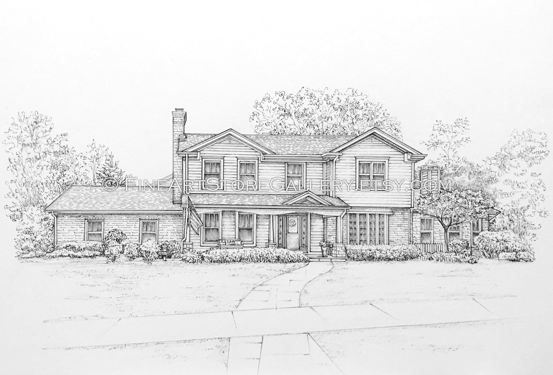 Custom Home Portrait House Drawing Black and White House | Etsy