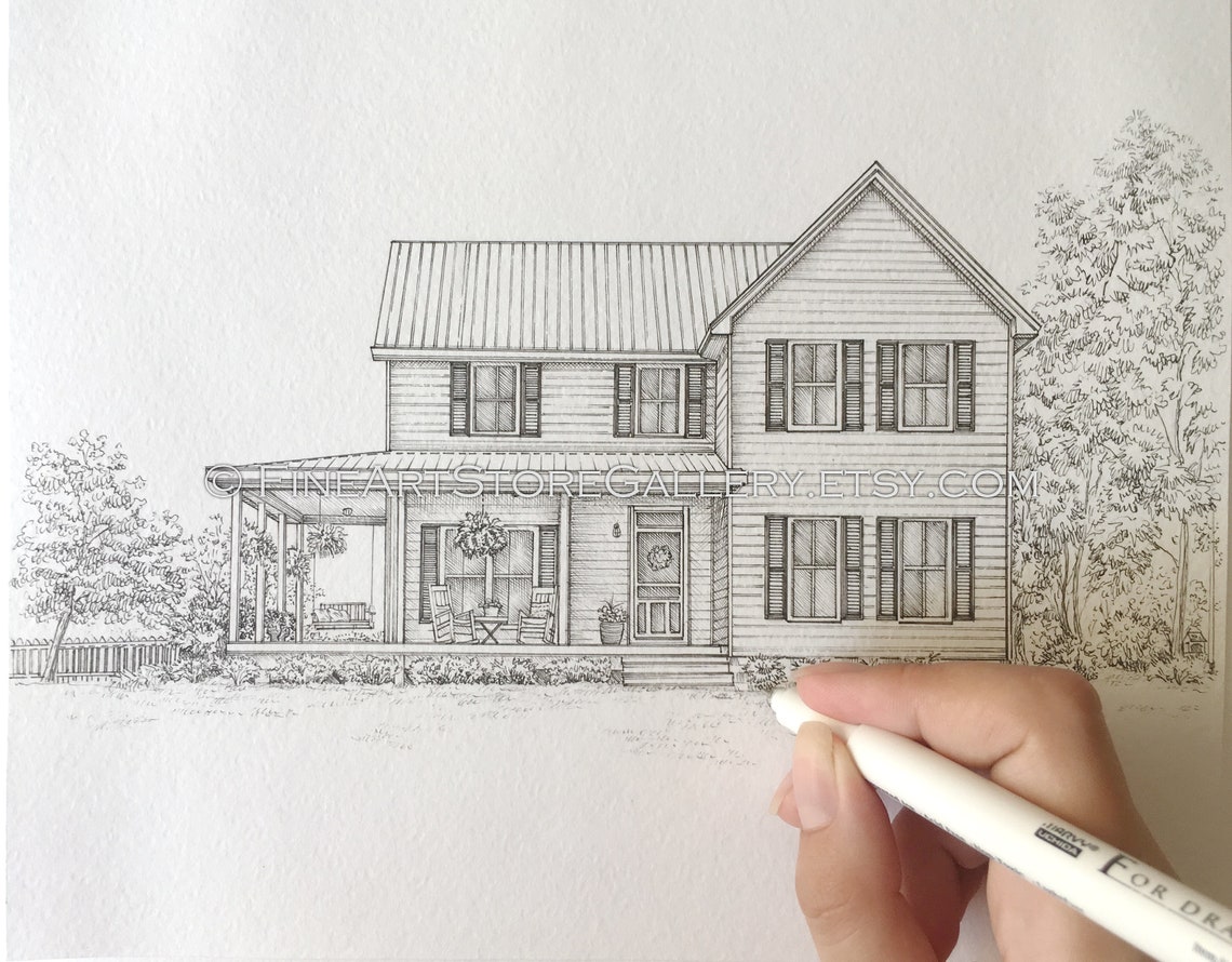 Custom Home Portrait House Drawing Black and White House | Etsy