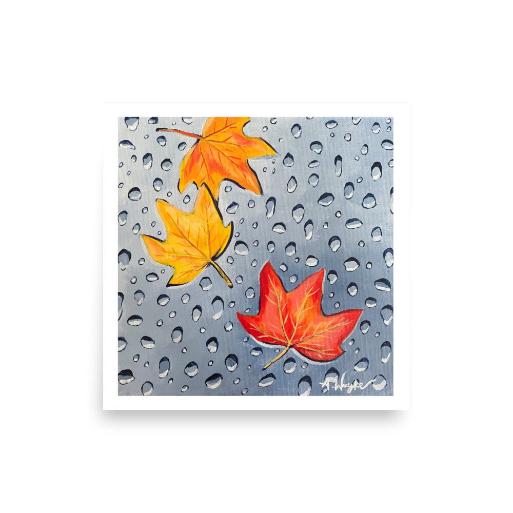 Rain Drop Art Print, Fall Weather, Rainy Day Artwork, Leaf Painting ...