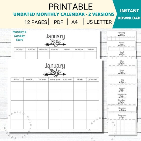 Undated Monthly Calendar Printable Calendar 12 Months - Etsy