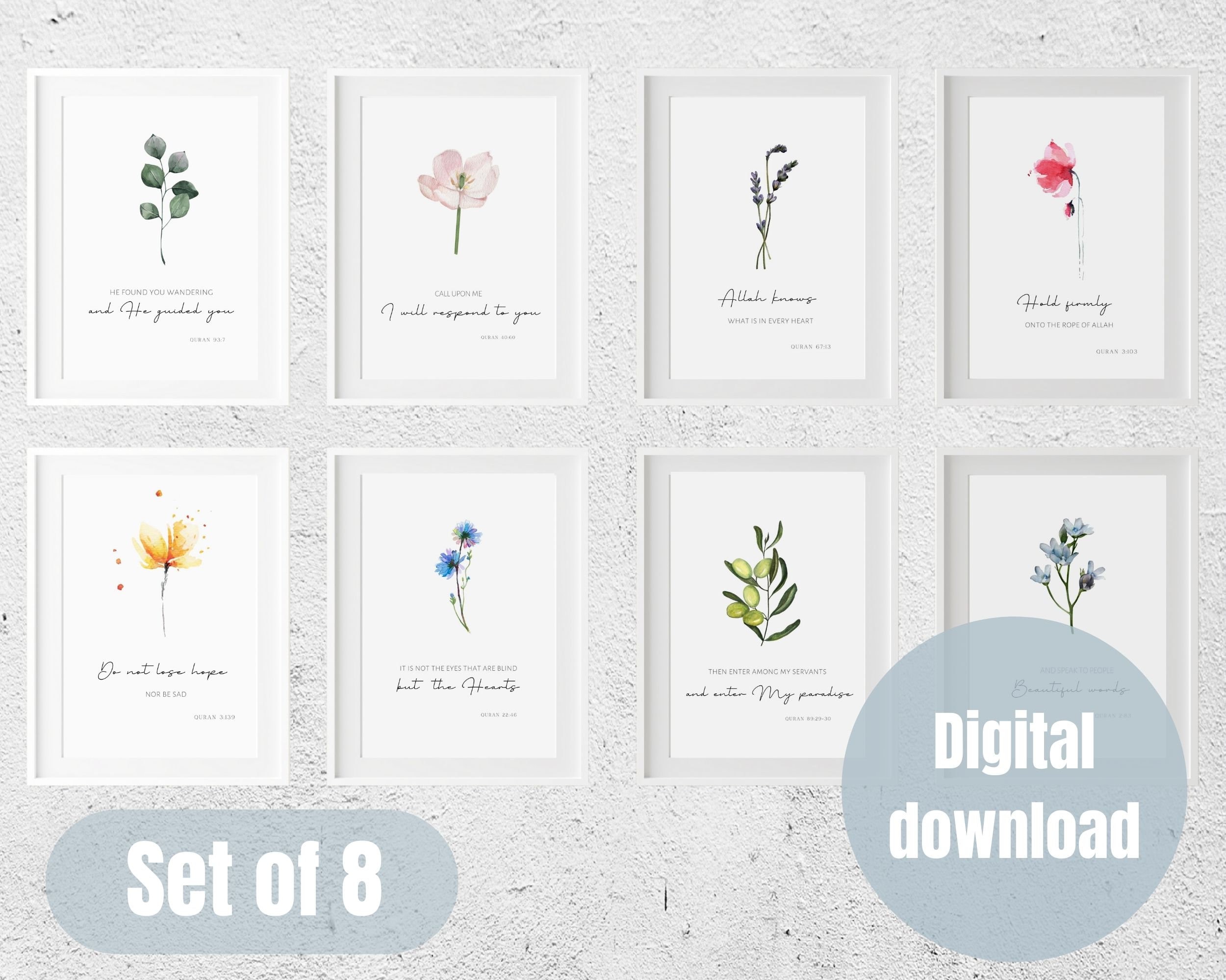 Islamic Wall Art Set of 8 Quran Verse Minimalist Design - Etsy