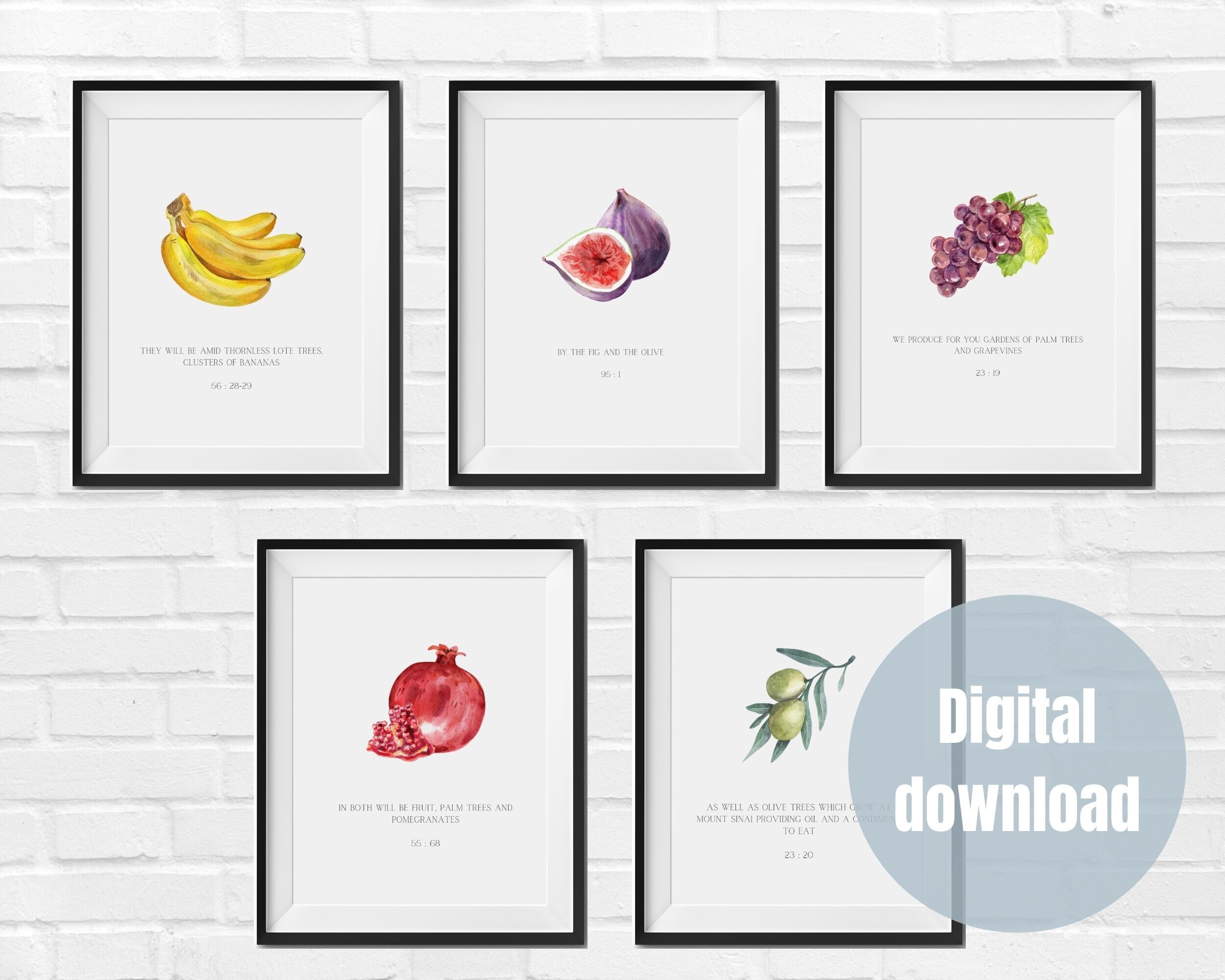 Islamic Wall Art Set of 5 Watercolor Fruits in the Quran With the ...