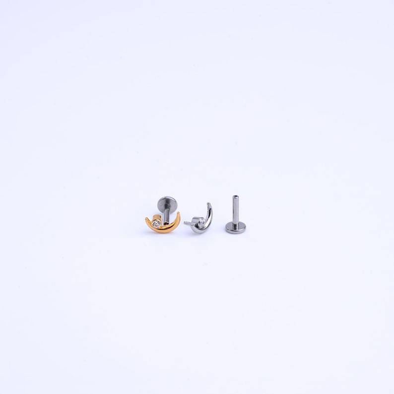 Titanium Cz Threadless Push Pin Labret, Moon Gem Flat Back Earring ...