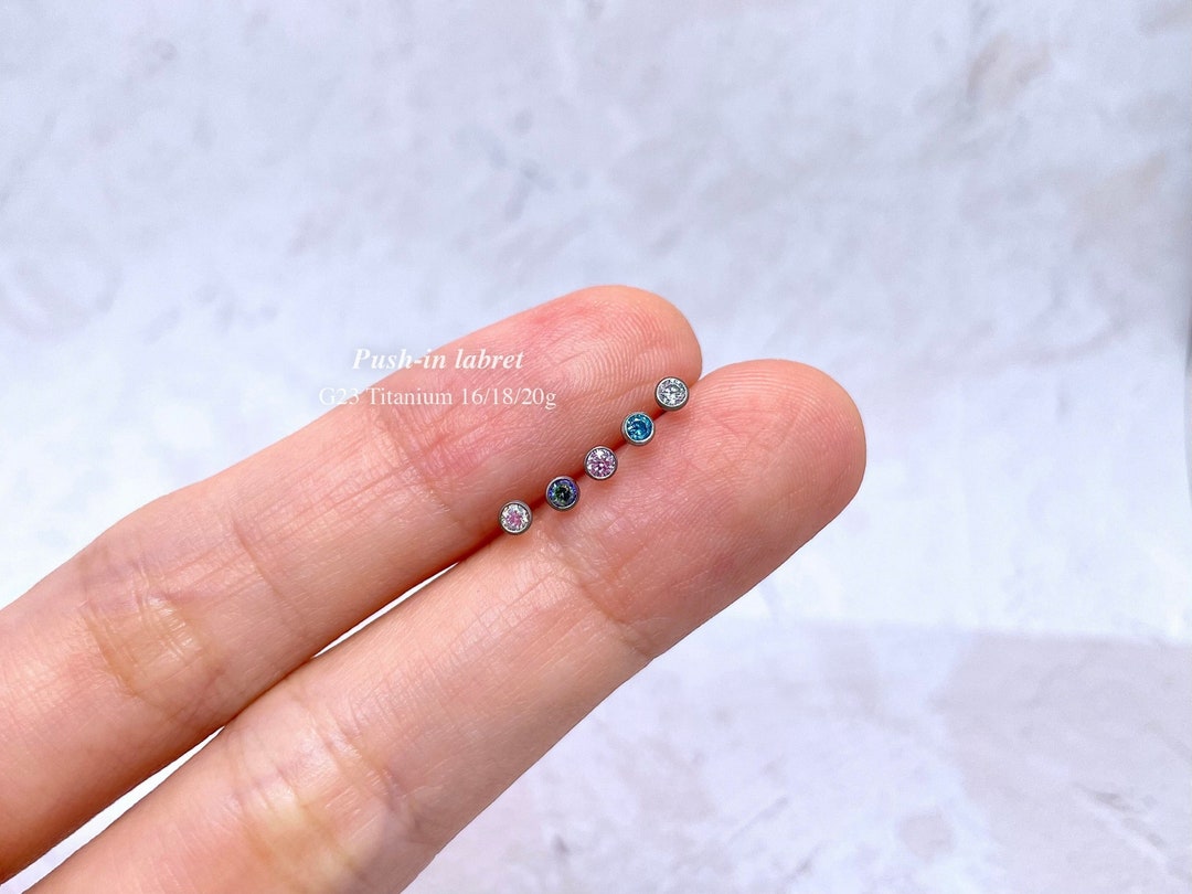 Bezel Set CZ Gem Flatback Earring Push-in Labret Piercing 20g 18g 16g Implant Grade Titanium ...