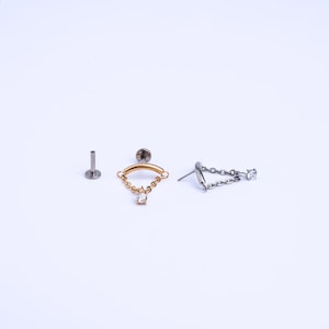 20G/18G/16G Hidden Helix Delicate Chain CZ Drop Stud Push Pin Labret ...