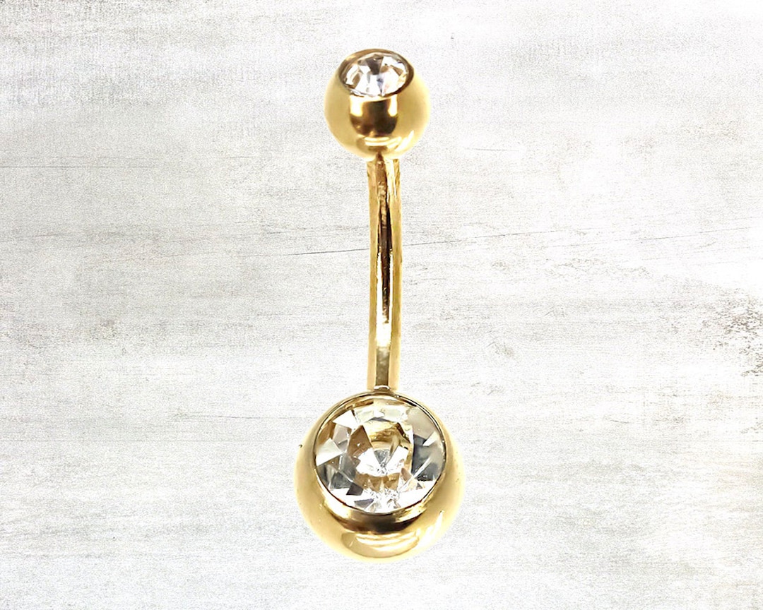 Double Jeweled CZ Belly Ring, Crystal Belly Ring, Gold Belly Button ...