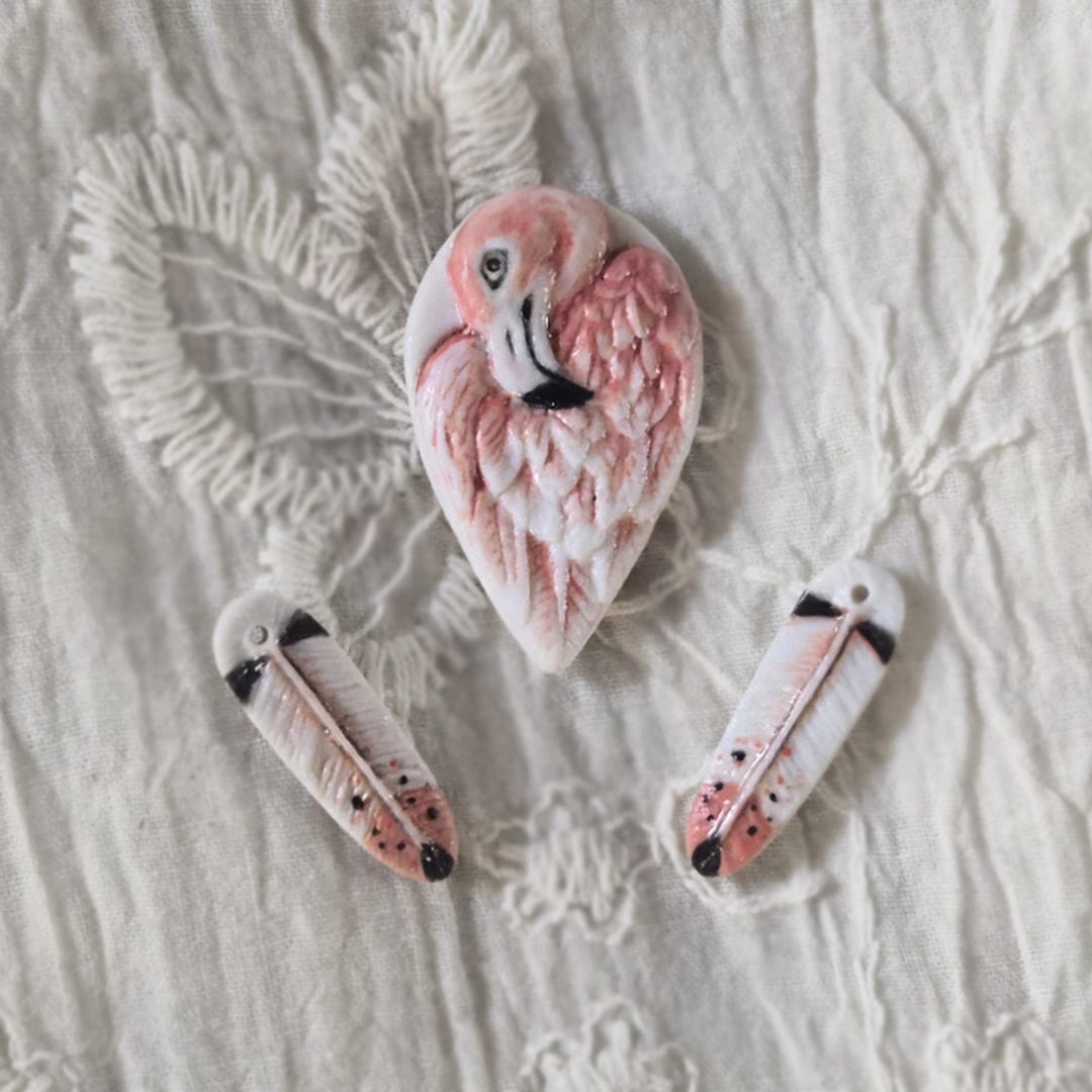 Pink Flamingo Flat-back Porcelain Cabochon With Two Matching Feather ...