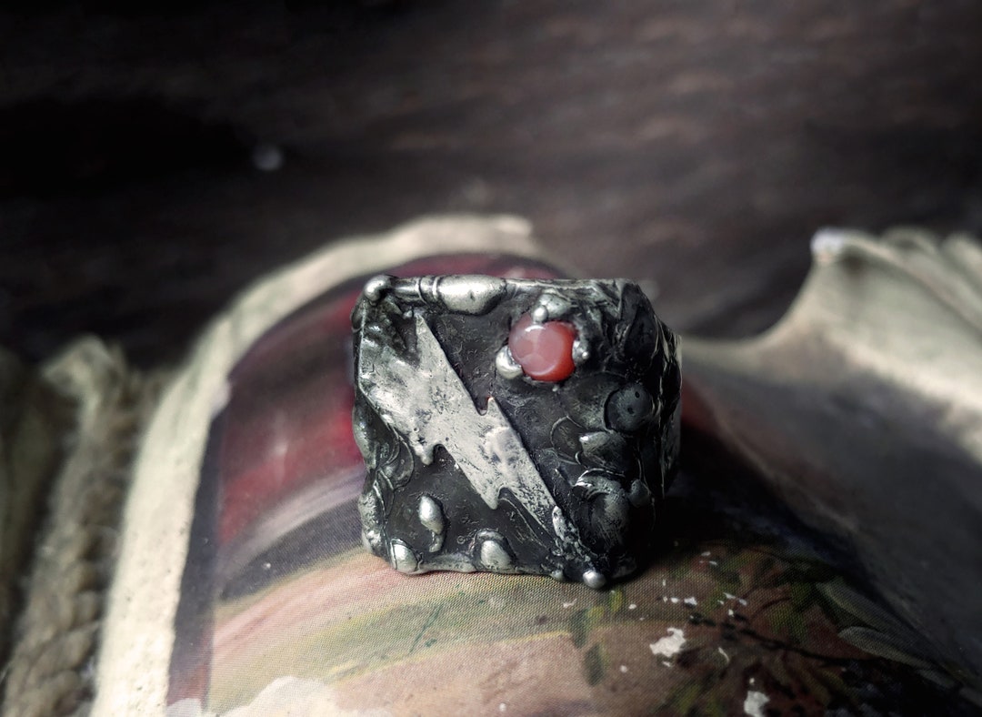 Square Lightning Bolt Ring With Natural Peach Moonstone , Unisex Large ...