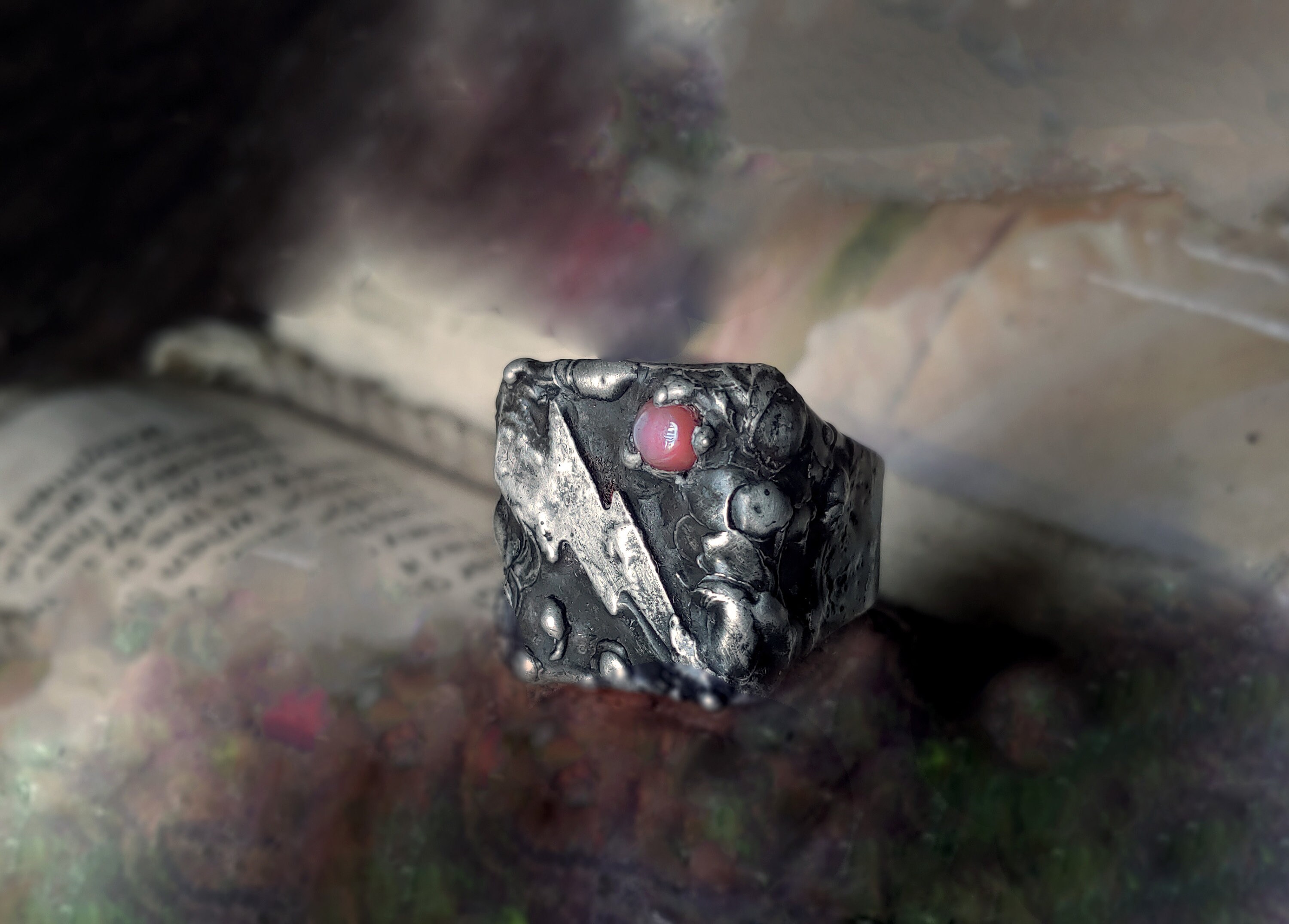 Square Lightning Bolt Ring With Natural Peach Moonstone | Etsy